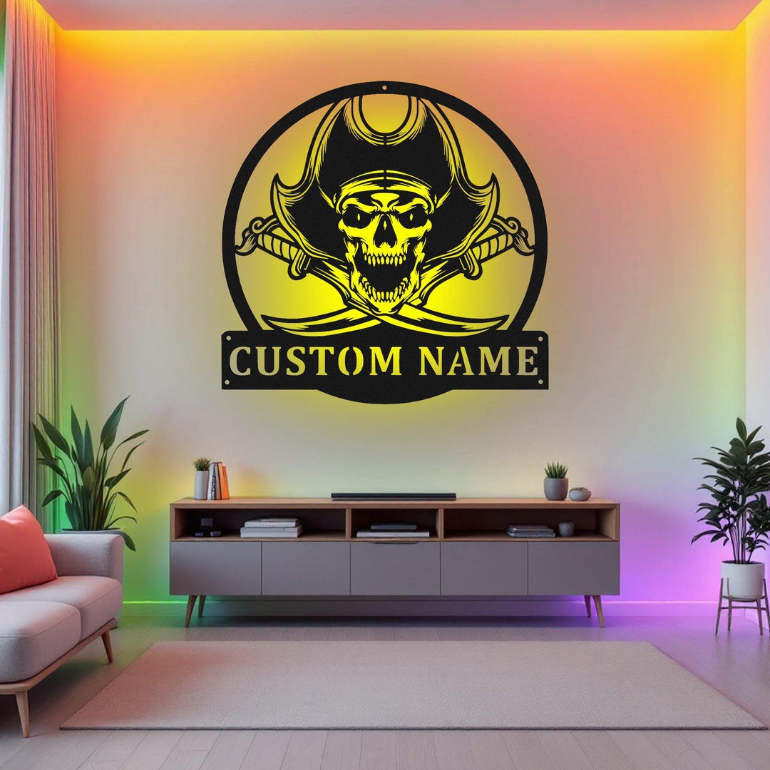 Custom Pirate Skull Metal Wall Art With LED Light V2, Personalized ...