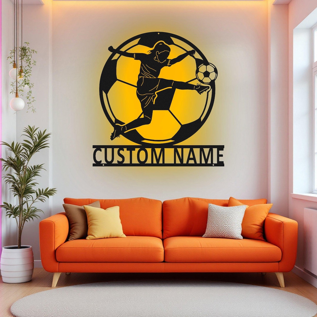Custom Soccer Metal Wall Art With LED Light, Personalized Soccer Player ...