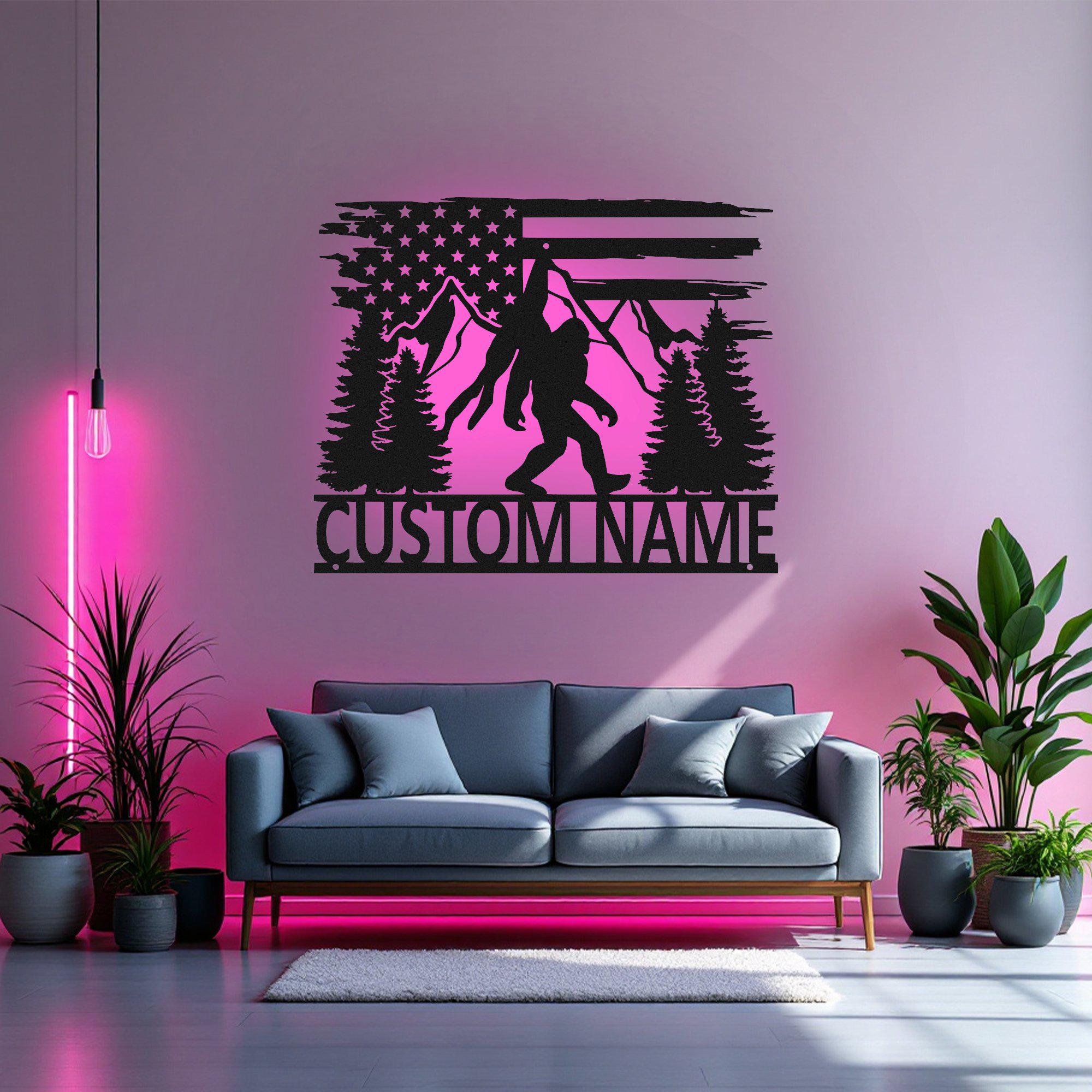 Custom US Mountain Bigfoot Metal Wall Art With LED Light, Personalized ...