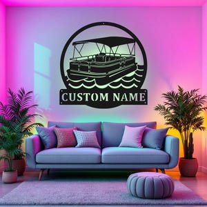 Custom Pontoon Boat Metal Wall Art With LED Light, Personalized Pontoon Boat Name Sign ...