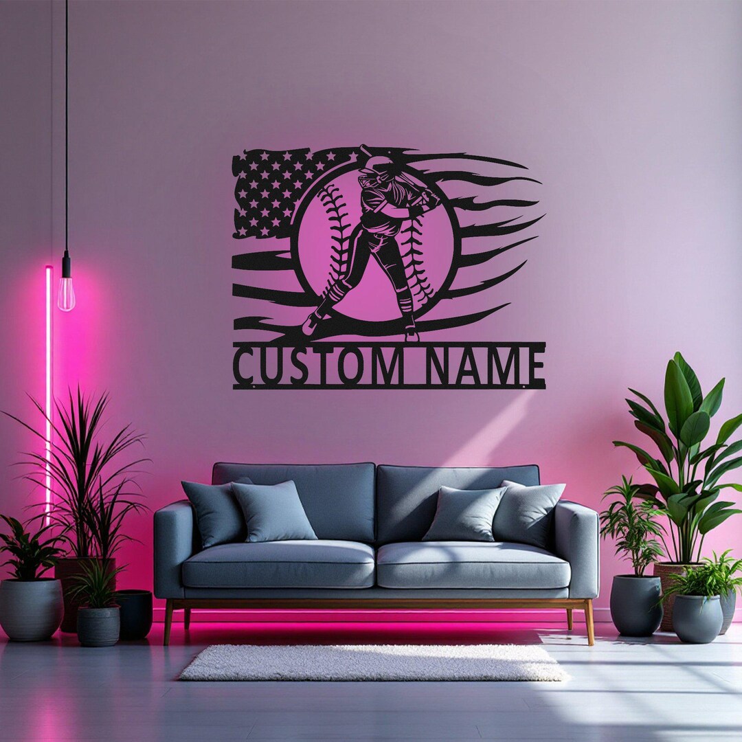 Custom US Softball Metal Wall Art With LED Light, Personalized Softball ...
