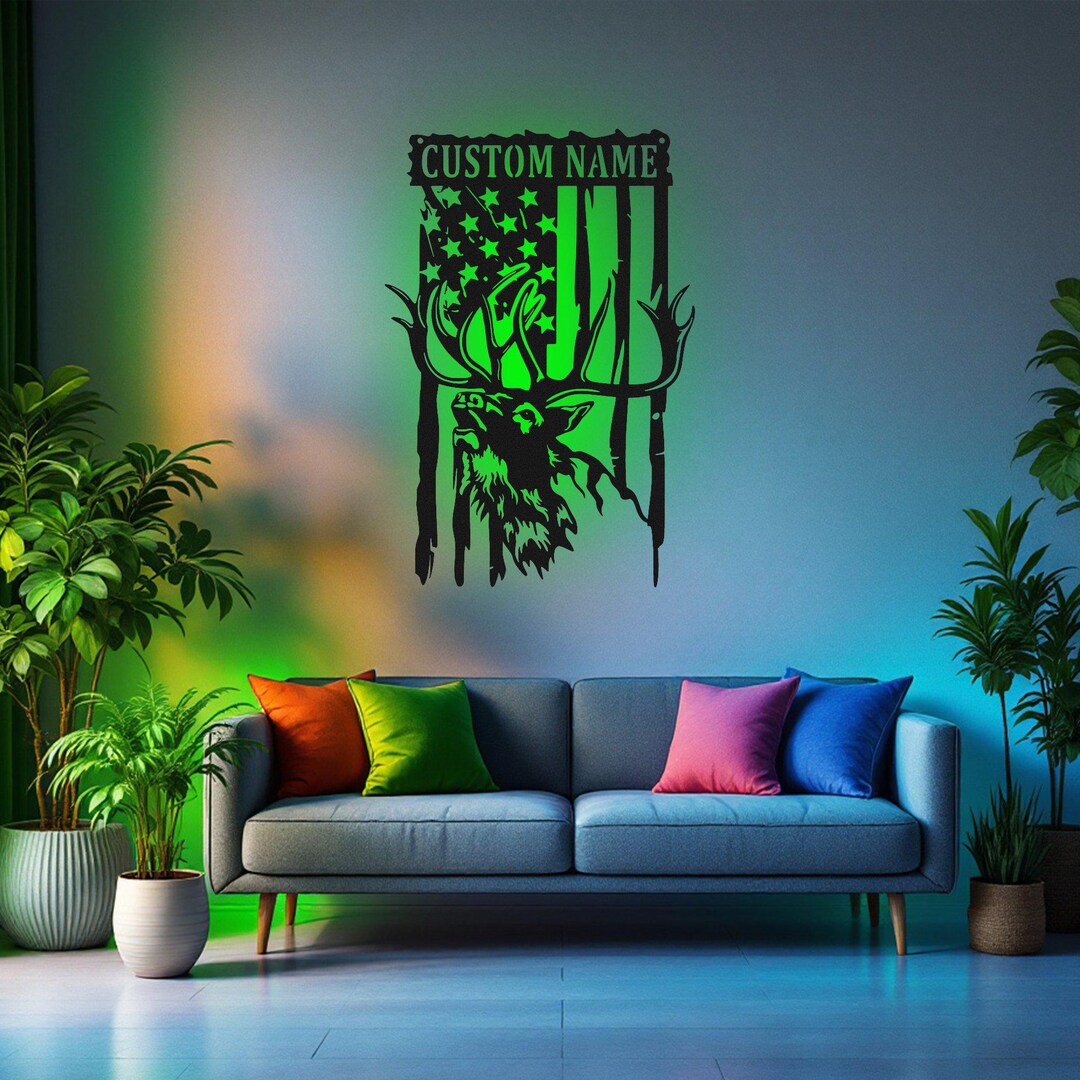 Custom US Elk Metal Wall Art With LED Light, Personalized Elk Deer Name ...
