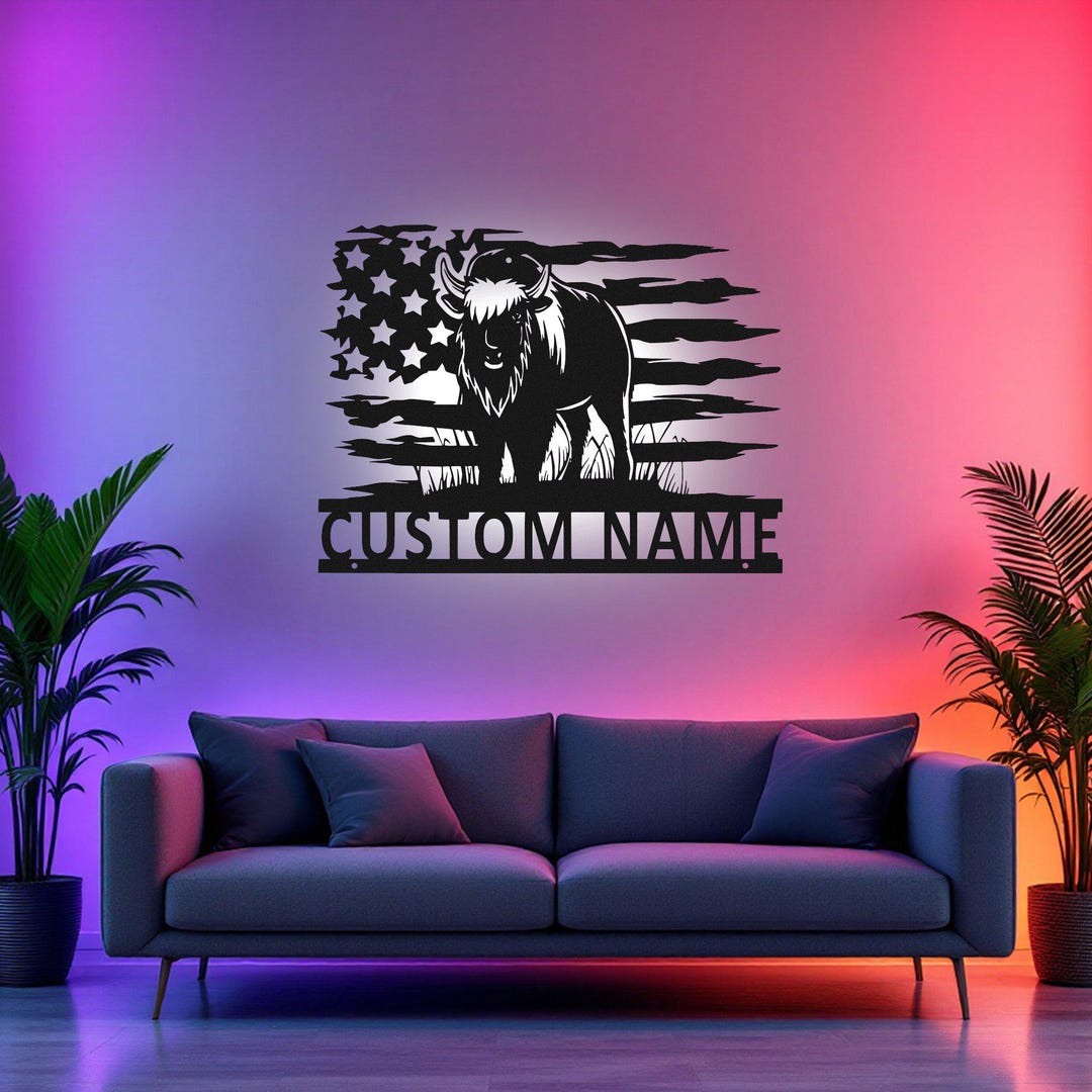 Custom US Bison Metal Wall Art With LED Light, Personalized Bison Name ...