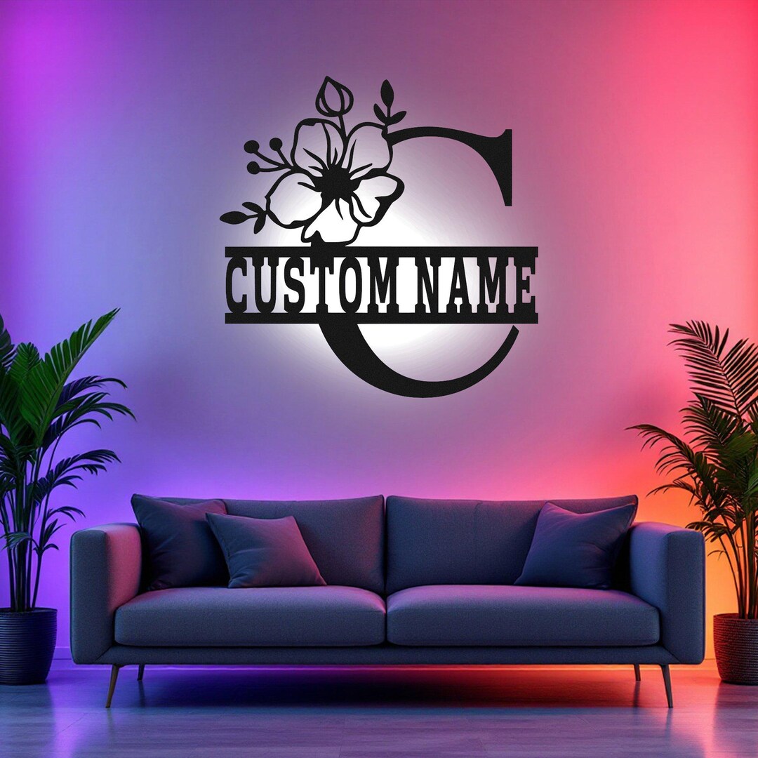 Custom Floral Alphabet C Metal Wall Art With Led Light, Personalized ...