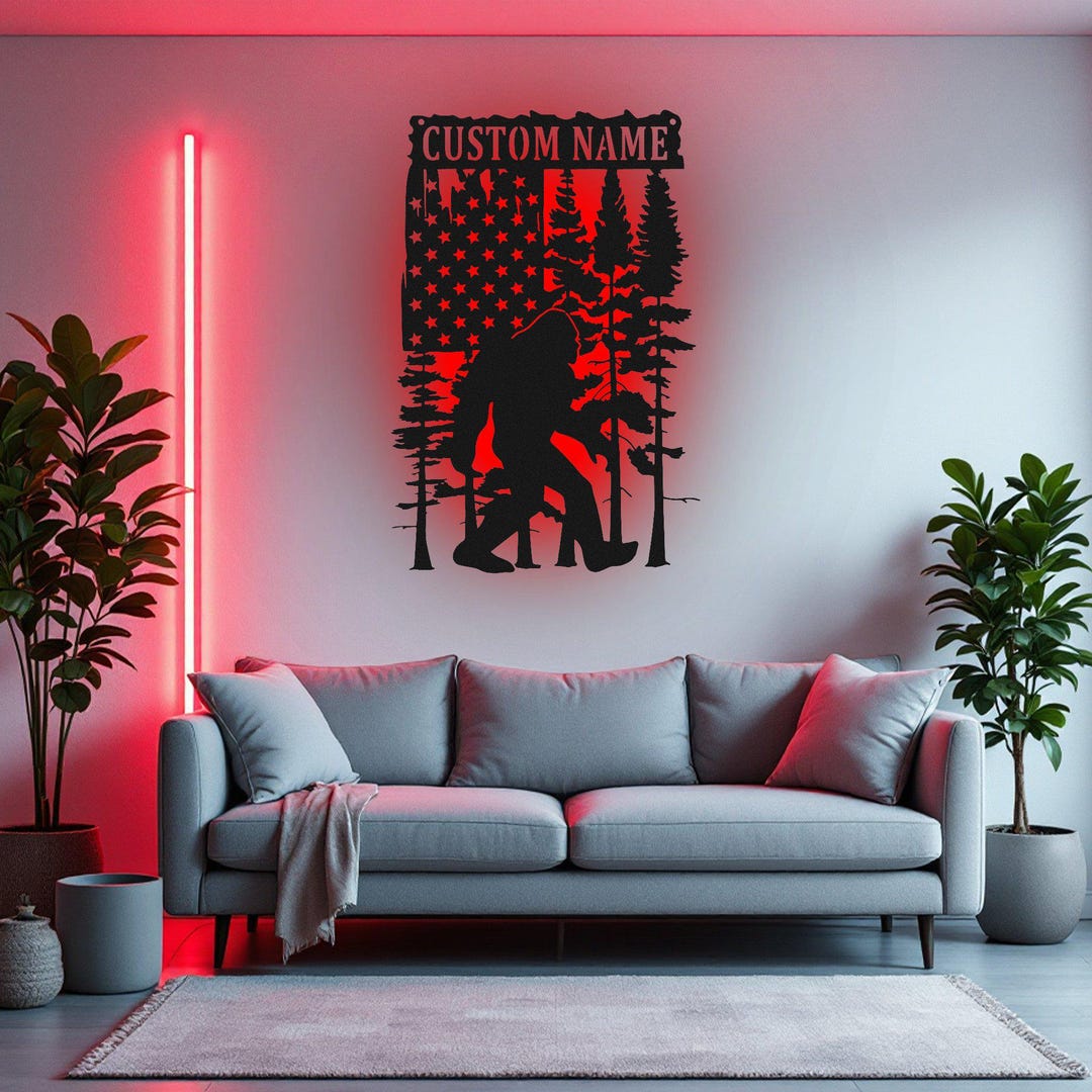 Custom US Bigfoot Metal Wall Art With LED Light, Personalized Bigfoot ...