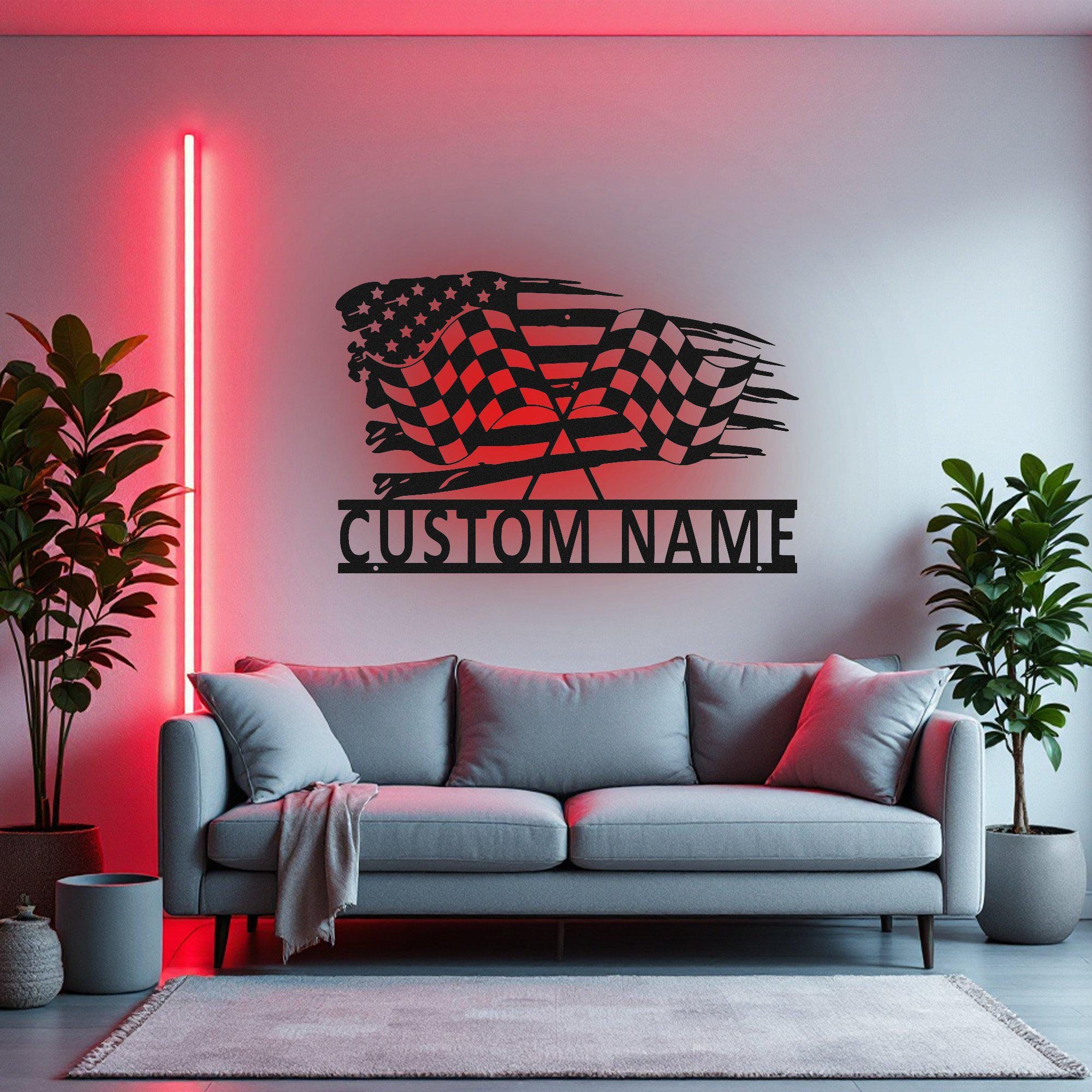 Custom US Checkered Flag Metal Wall Art With LED Light, Personalized ...