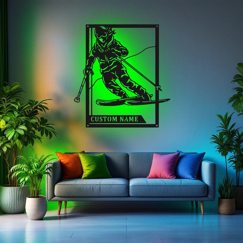Custom Female Skiing Signage Metal Wall Art With LED Light ...