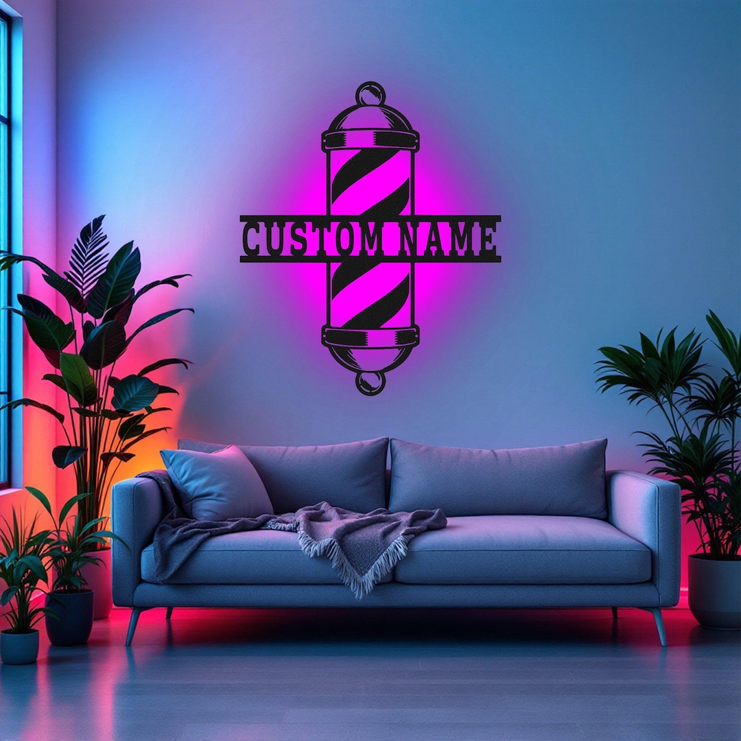 Custom Barber Pole Metal Wall Art With LED Light, Personalized Barber ...