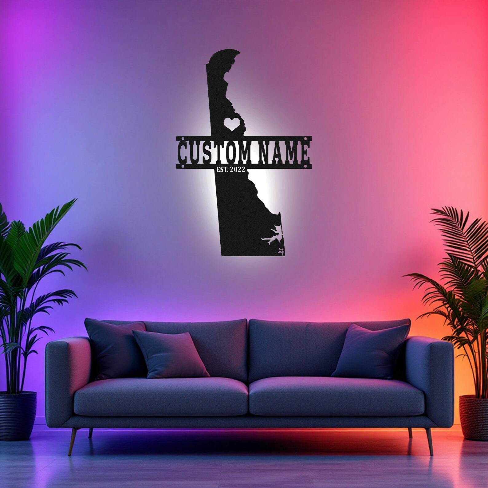 Custom Delaware Map Metal Wall Art With Led Light, Personalized ...