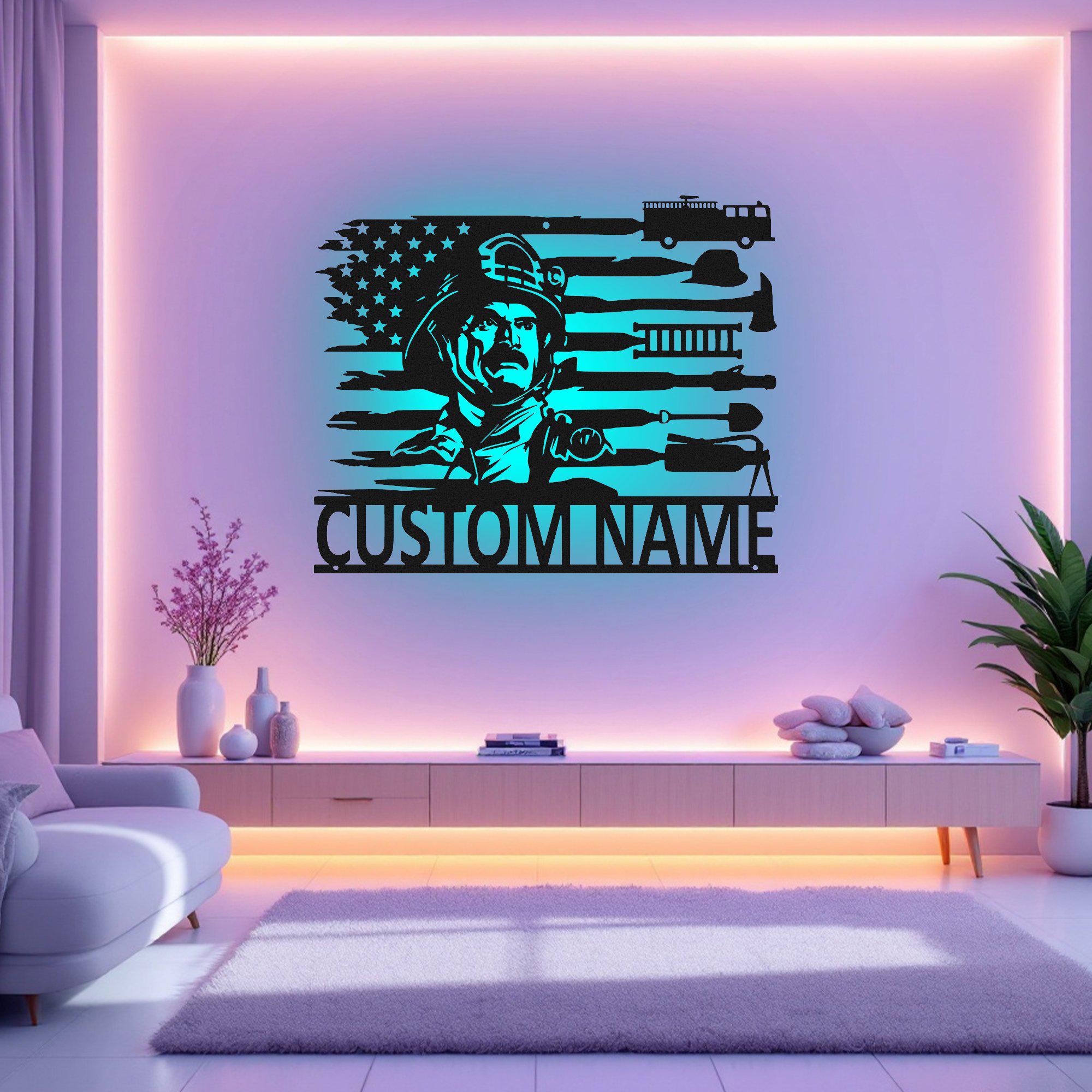 Custom US Fire Fighter Dad Metal Wall Art With LED Light, Personalized ...
