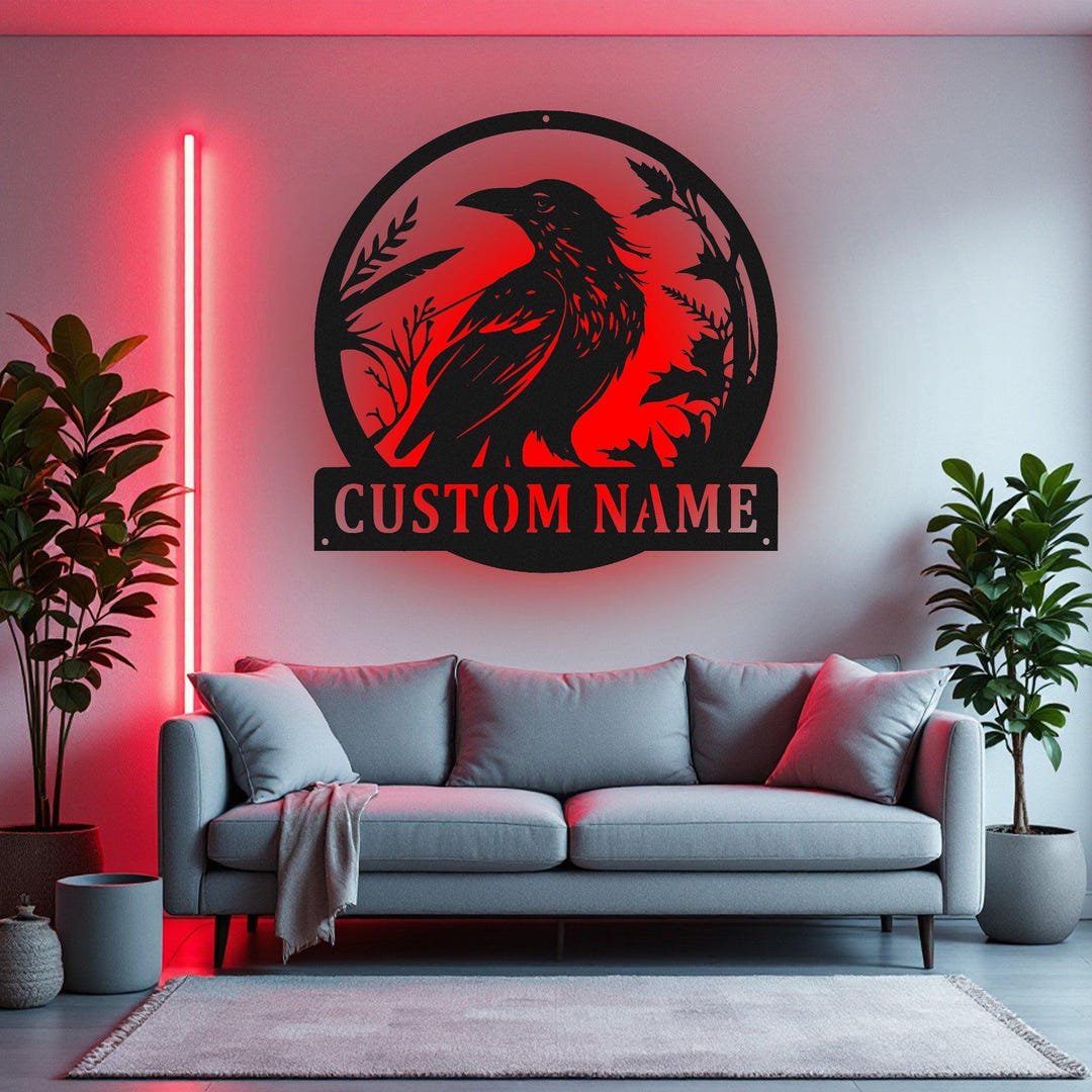 Custom Black Crow Raven Bird Metal Sign With LED Light, Personalized ...