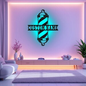Custom Barber Pole Metal Wall Art With LED Light, Personalized Barber ...