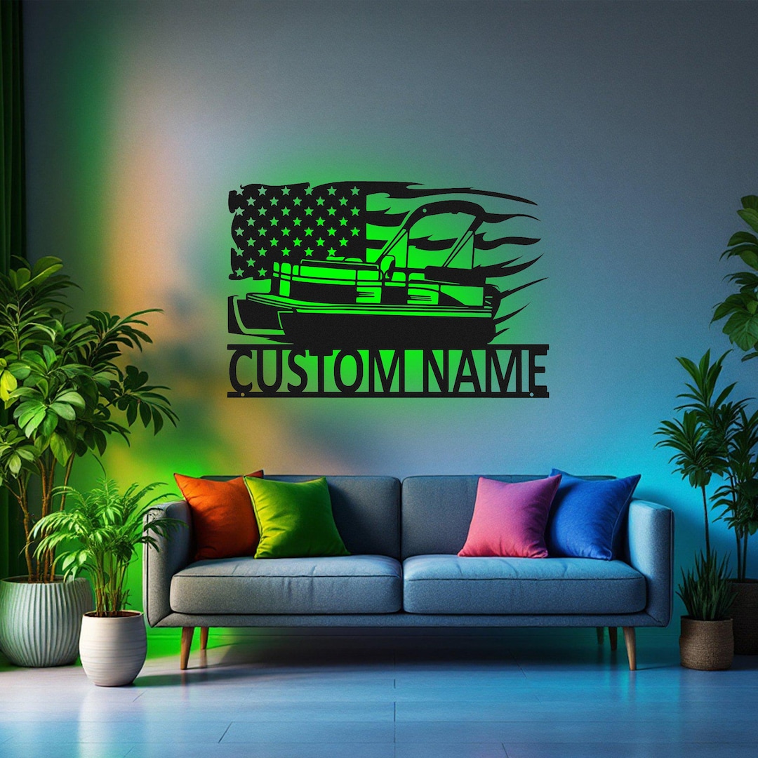 Custom US Pontoon Boat Metal Wall Art With LED Light, Personalized Pontoon Boat Name Sign ...