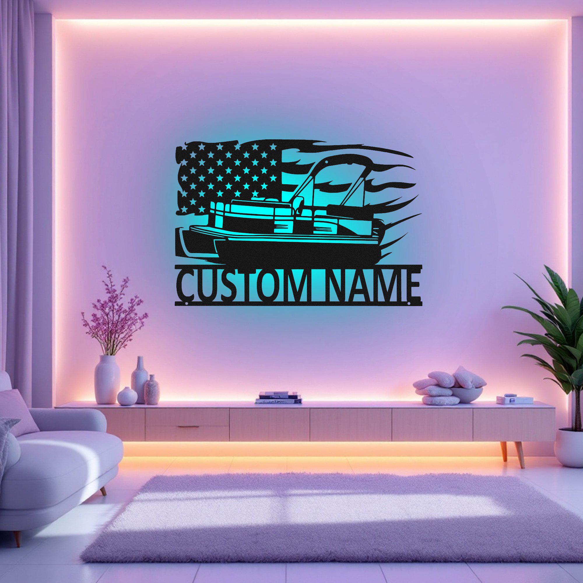 Custom US Pontoon Boat Metal Wall Art With LED Light, Personalized ...