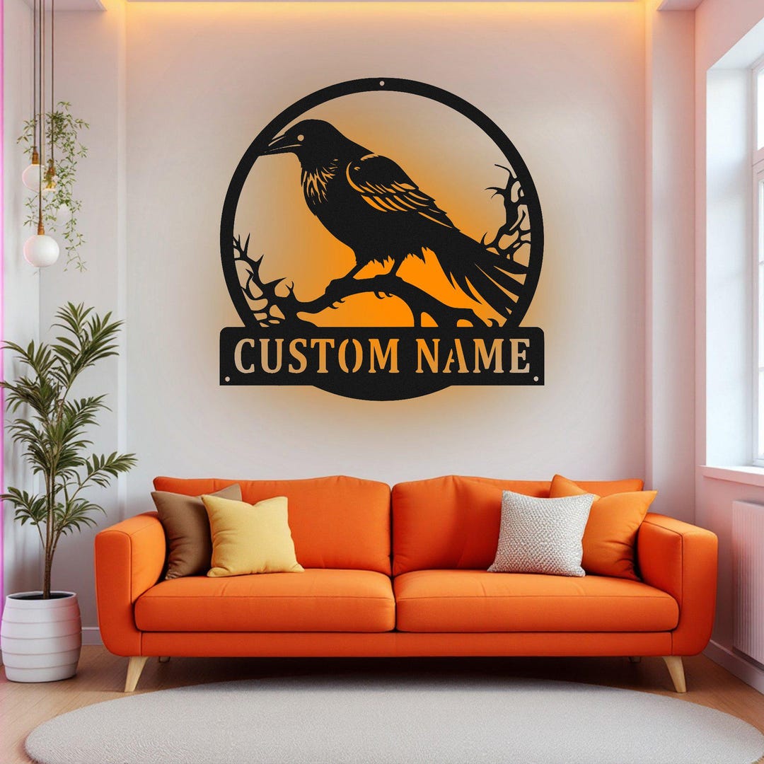 Custom Black Crow Raven Bird Metal Sign With LED Light, Personalized ...