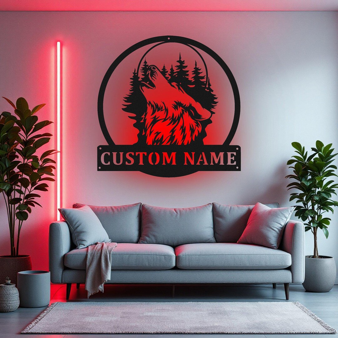 Custom Howling Wolf Metal Wall Art With LED Light, Personalized Wolf ...