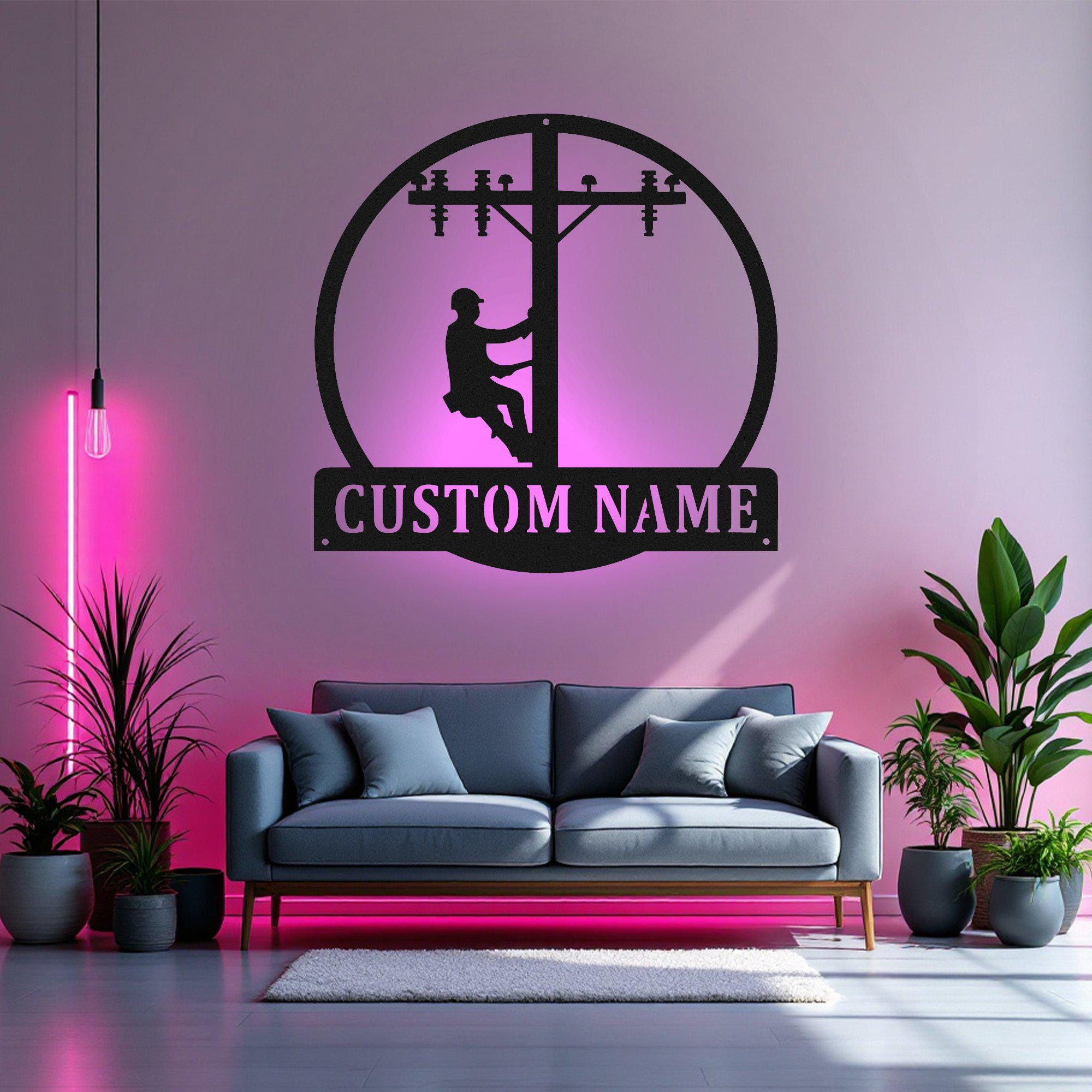 Custom Lineman Metal Wall Art With LED Light, Personalized Lineman Name ...