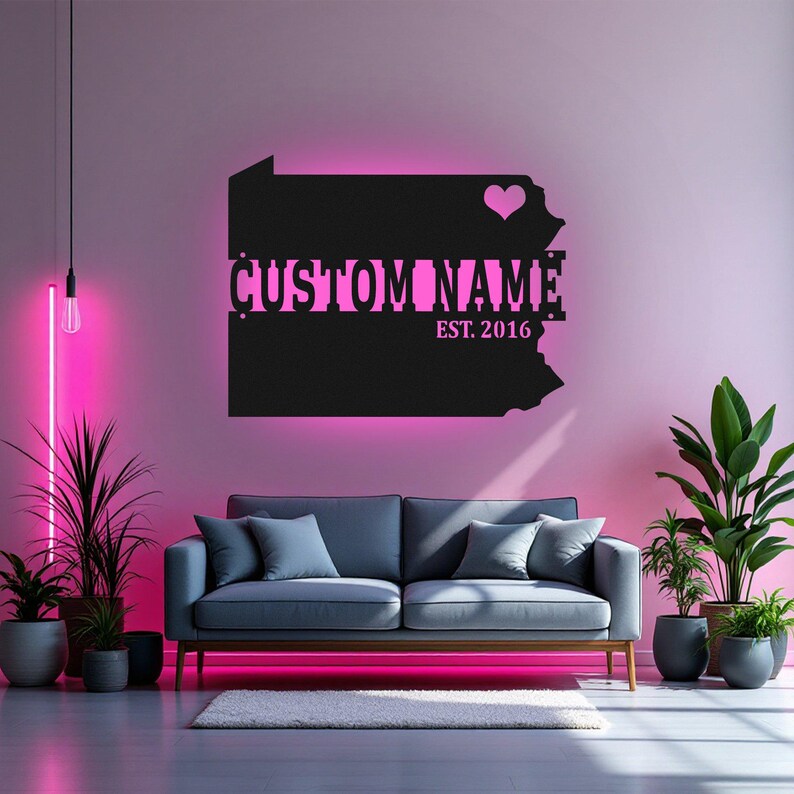 Custom Pennsylvania Map Metal Wall Art With Led Light, Personalized ...