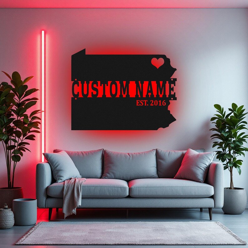 Custom Pennsylvania Map Metal Wall Art With Led Light, Personalized ...