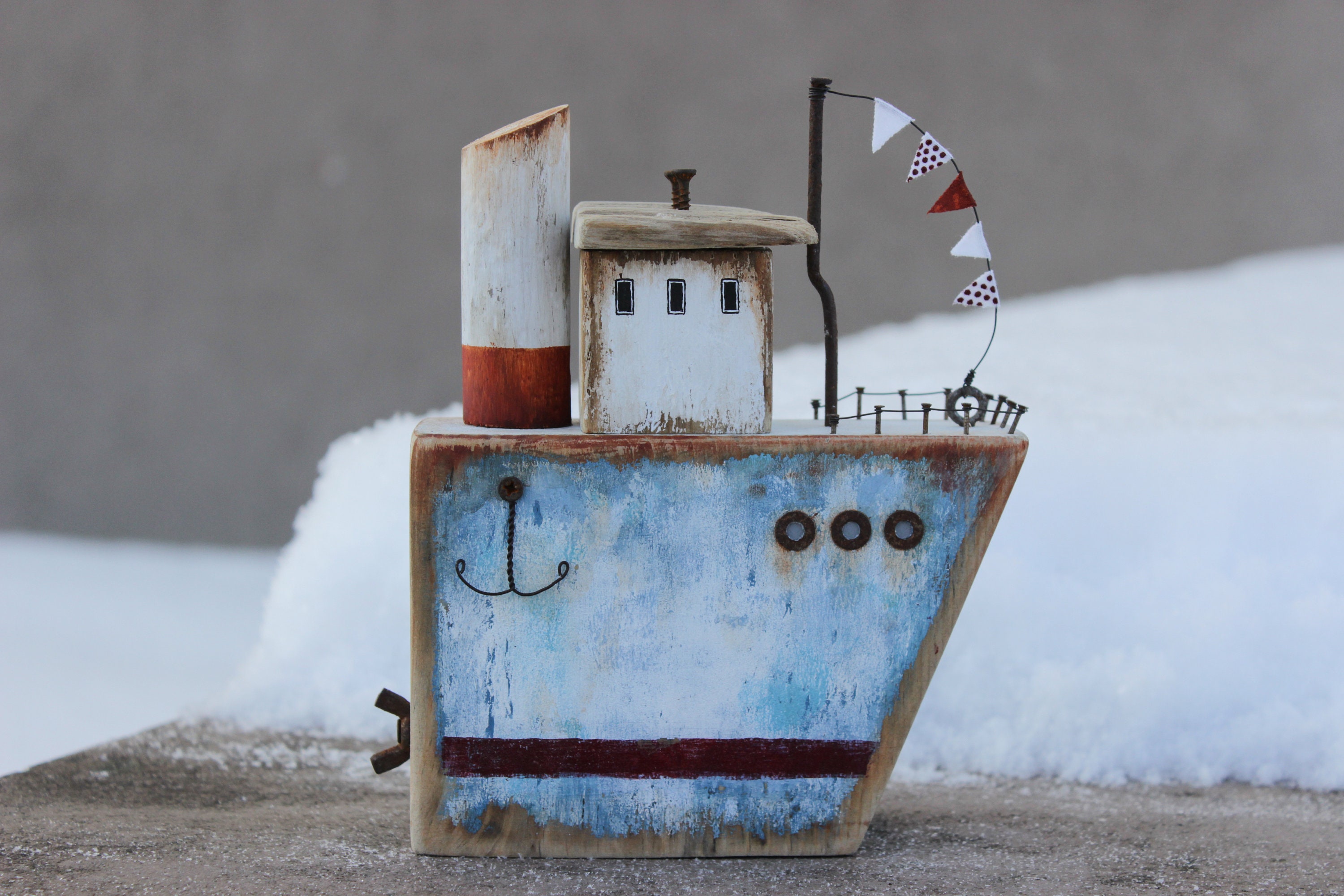 Medium Size Handmade Whimsical Driftwood Boat. Rustic Blue and White ...