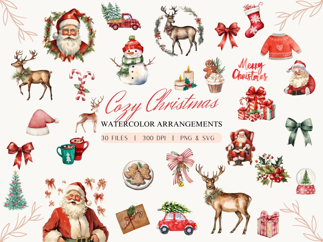 Watercolor Christmas Clipart Bundle - Santa Claus, Reindeer, Xmas Tree ...