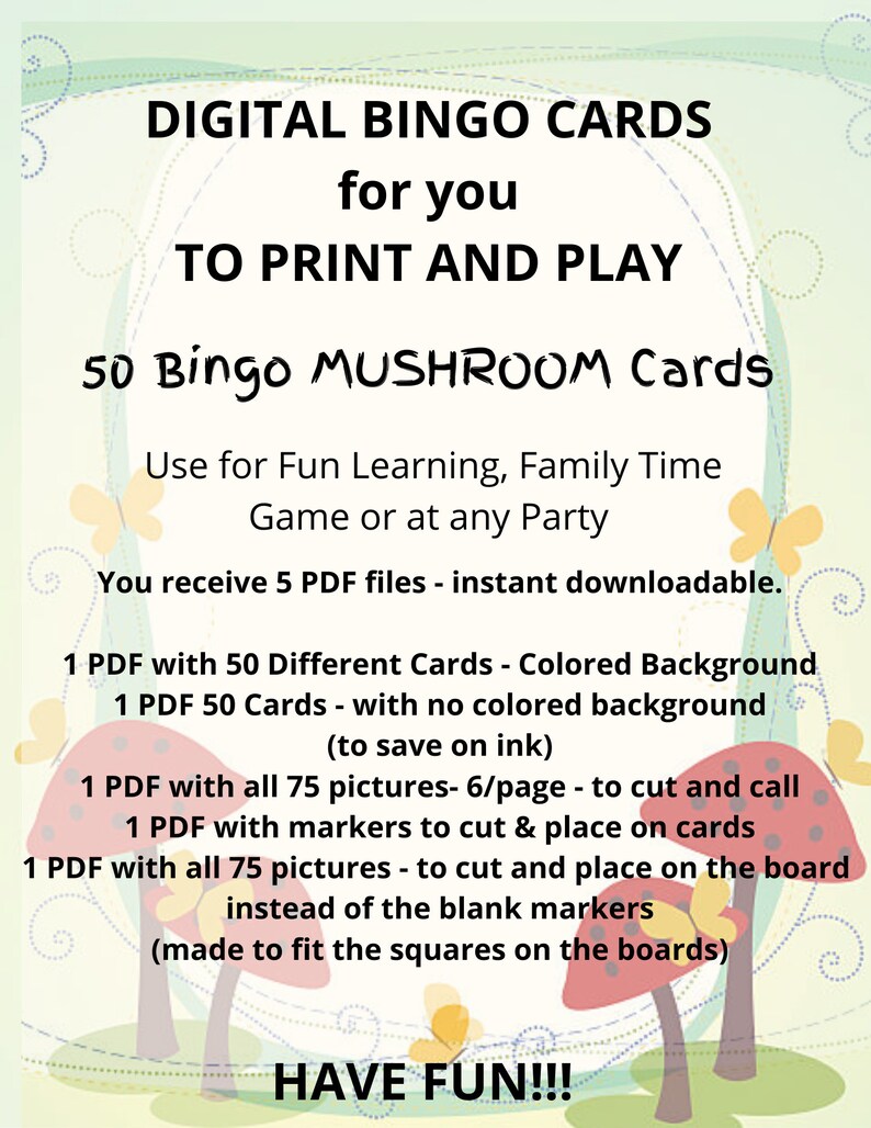 Mushroom Bingo Cards: 50 Printable Cards for Family Game Night (digital ...