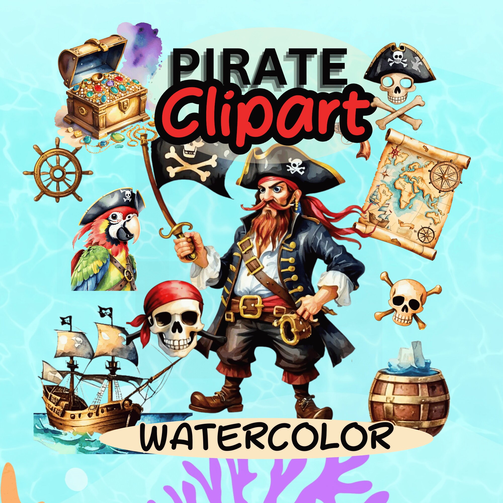 30 X Watercolor Pirate Clipart Transparent PNG Instant Download ...