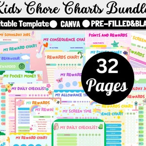 Editable Kids Chore Charts, Reward, Allowance, Screen Time, School ...