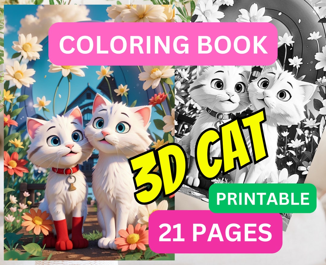 3D Cat - Coloring Book for Adults and Kids - 21 Printable Pages ...
