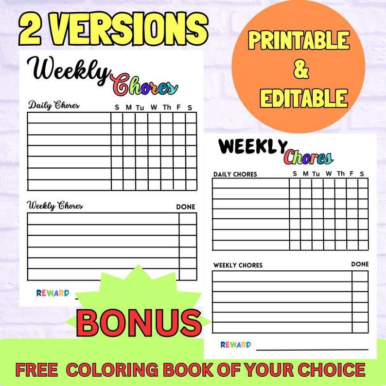 Printable Editable Chore Chart for Kids, Kids Chores, Kids Chore Chart ...