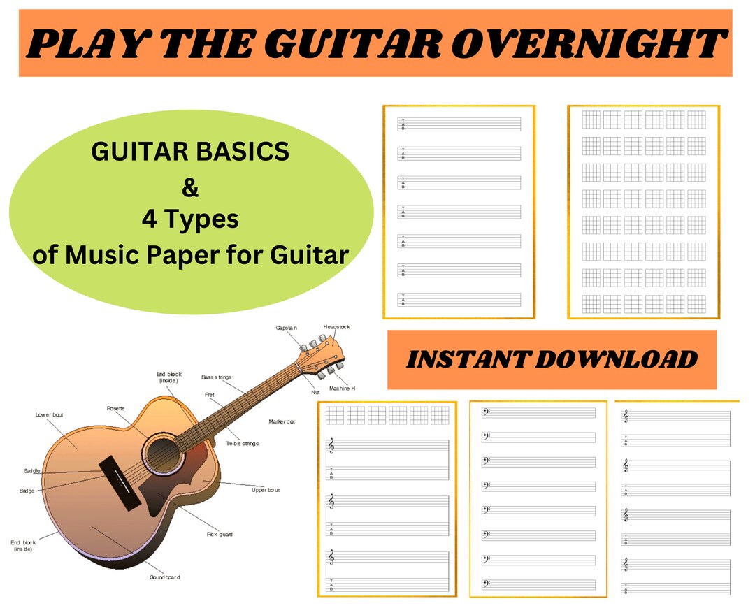 Printable Guitar Lesson + 5 Guitar Music Sheets - Tab Chord Plain Bass ...