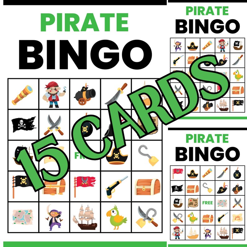 15 PIRATE Bingo Cards PIRATE Life Pictures Instead of Numbers Printable ...