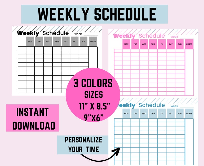 Printable Weekly Schedule Undated Weekly Planner Instant Download PDF ...