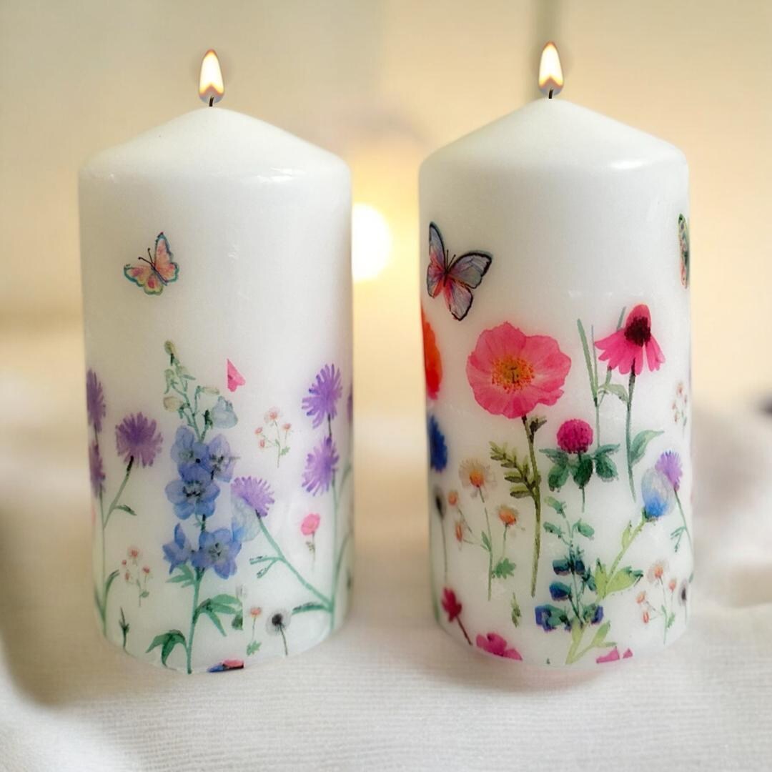 Floral Decoupage Candle: Handmade Spring Flower Pillar Candle - Etsy