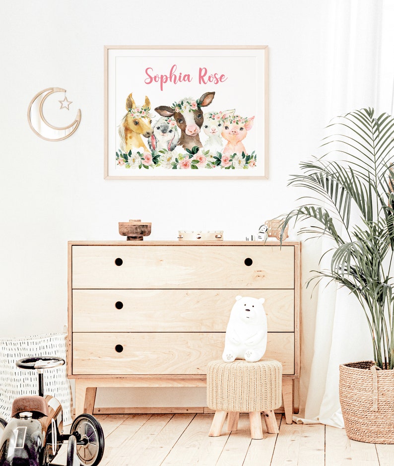 Farm Animals Nursery Name Wall Art, Personalized Custom Blush Pink ...