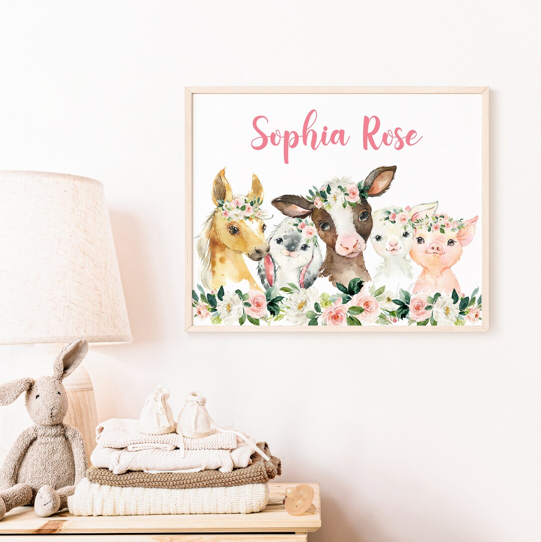 Farm Animals Nursery Name Wall Art, Personalized Custom Blush Pink ...
