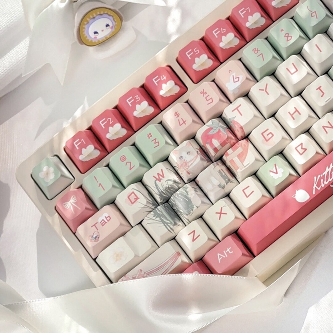 139keys Strawberry Cat Theme Keycaps Set,kitty Keycap Set,cherry Keycap ...