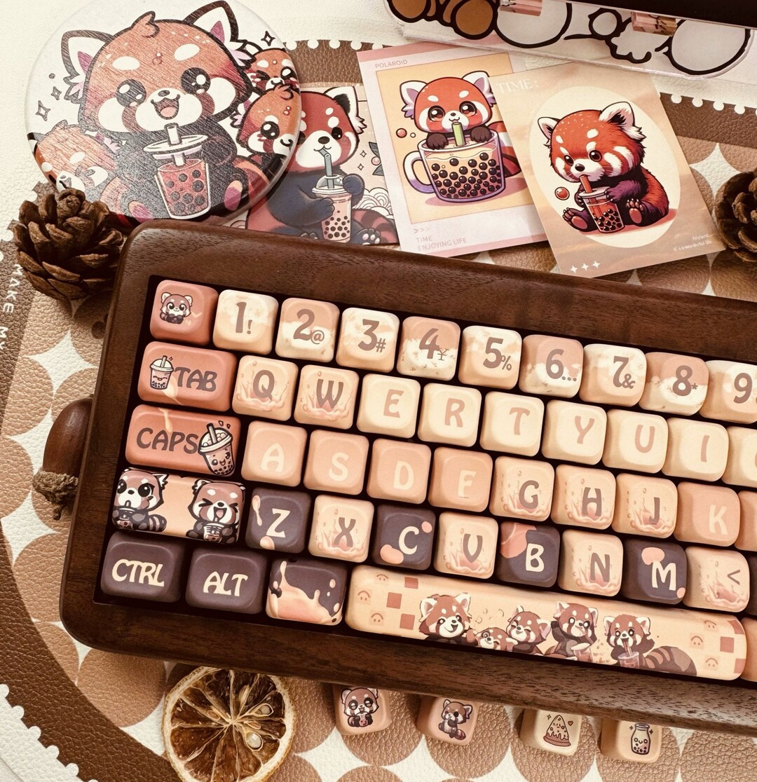 128key Red Panda Milk Tea Theme Keycap Set,cute Keycap,eoa Keycap,pbt ...