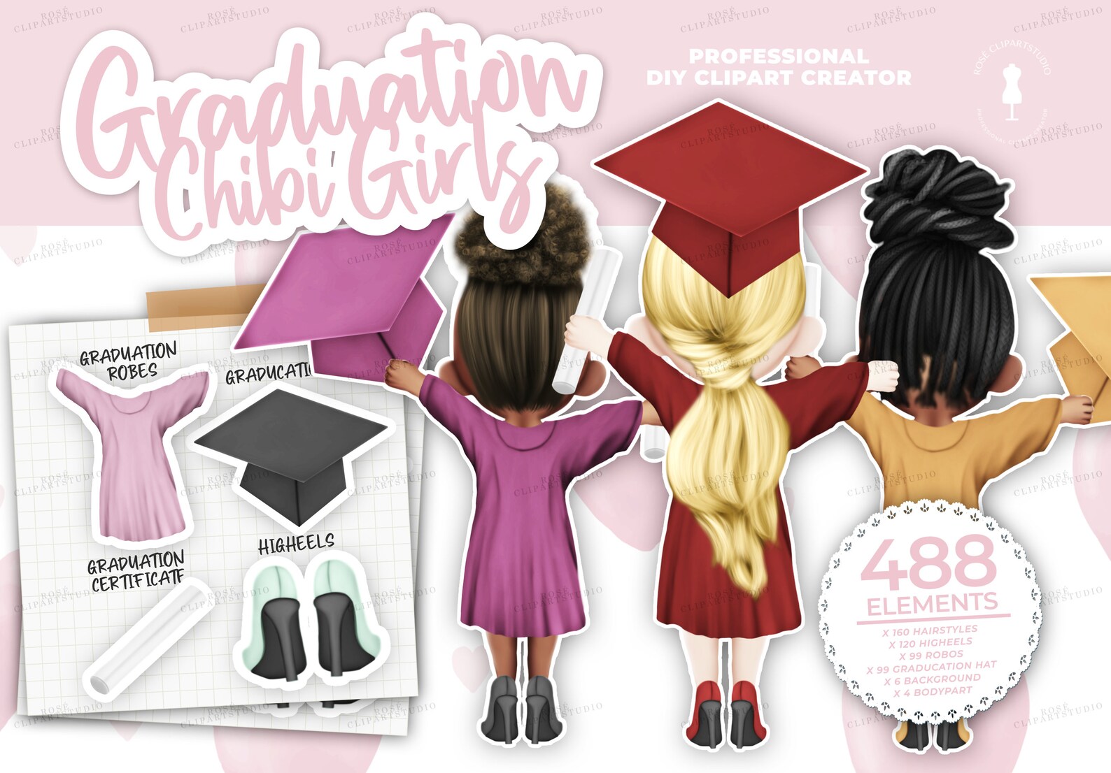 Graduation Girls Chibi Clipart, Classmates Clipart, Graduation Gowns ...