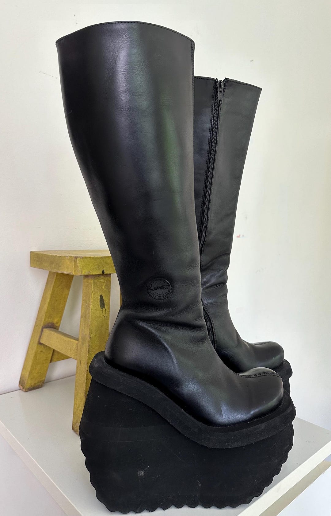 J SONAX Vintage 90s Black Leather Mega Platform Fitted Boots - Etsy