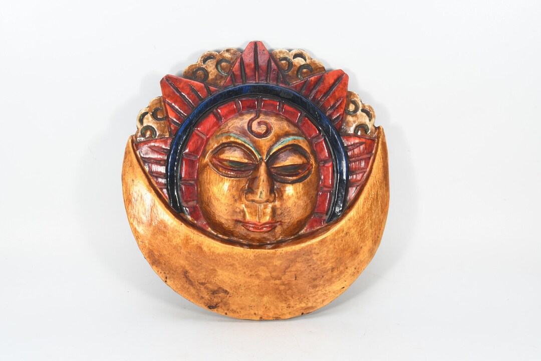 Vintage Tibetan Wood Carving: Half Sun and Moon Tribal Decor - Etsy