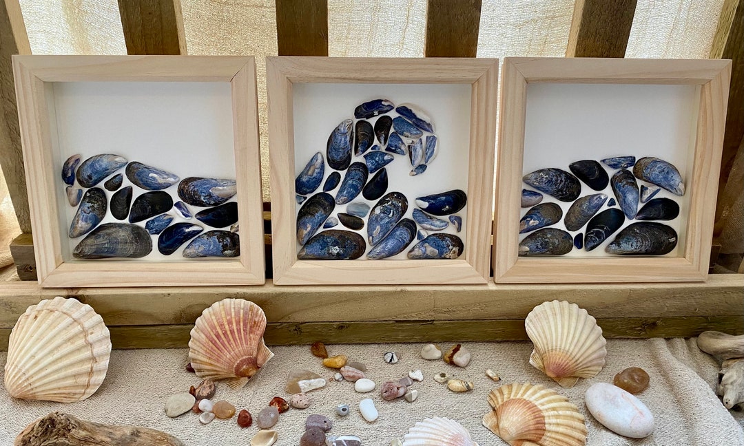 Handmade Mussel Shell Ocean Wave Picture, Set of Three Frames, Coastal ...