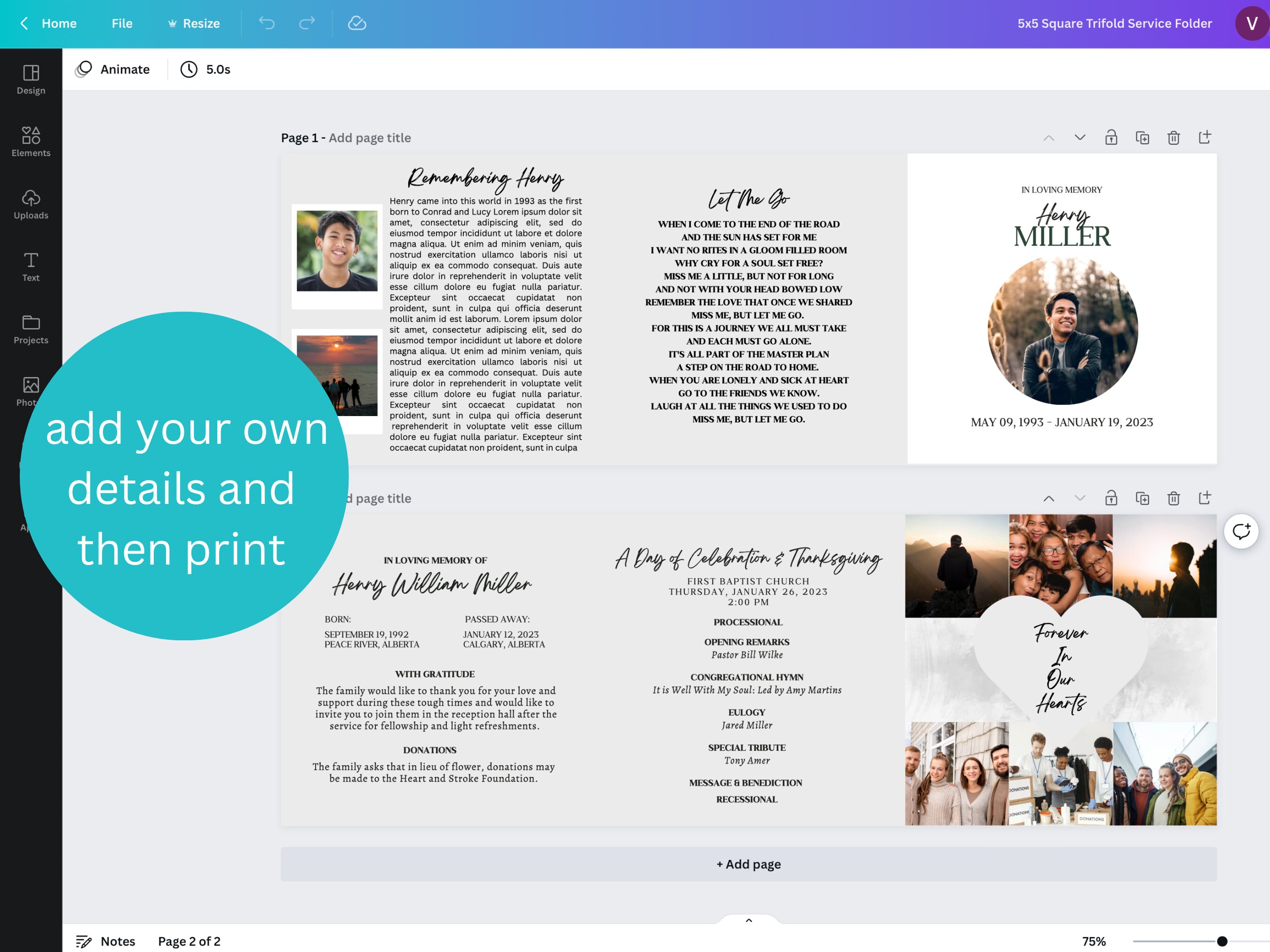 5X5 TRIFOLD, Canva Template, Memorial Service Folder, Square Funeral ...