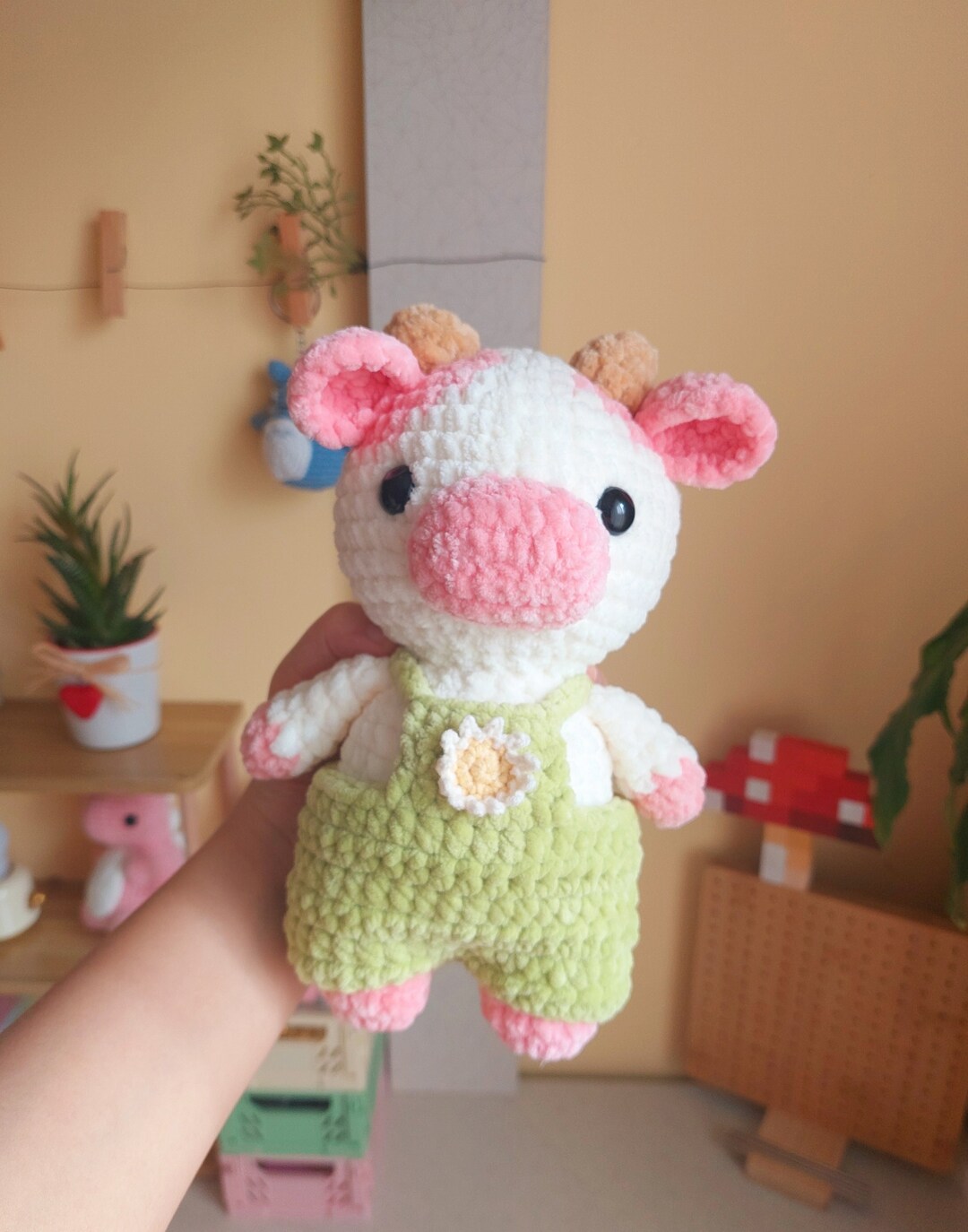 Crochet Diasy Cow Plushie, Plush Amigurumi Animal, Cow With Dungarees ...