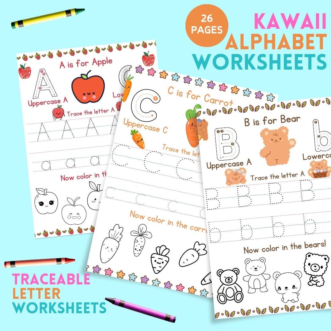 Kawaii Alphabet Traceable Letter Worksheets | Full A-Z Printable Set ...