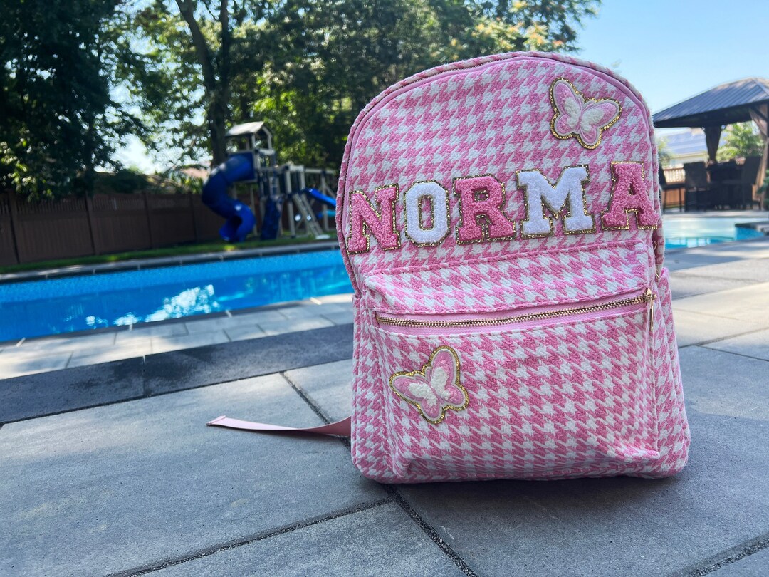 Personalized Girls Backpack With Patches, Pink and White Houndstooth ...