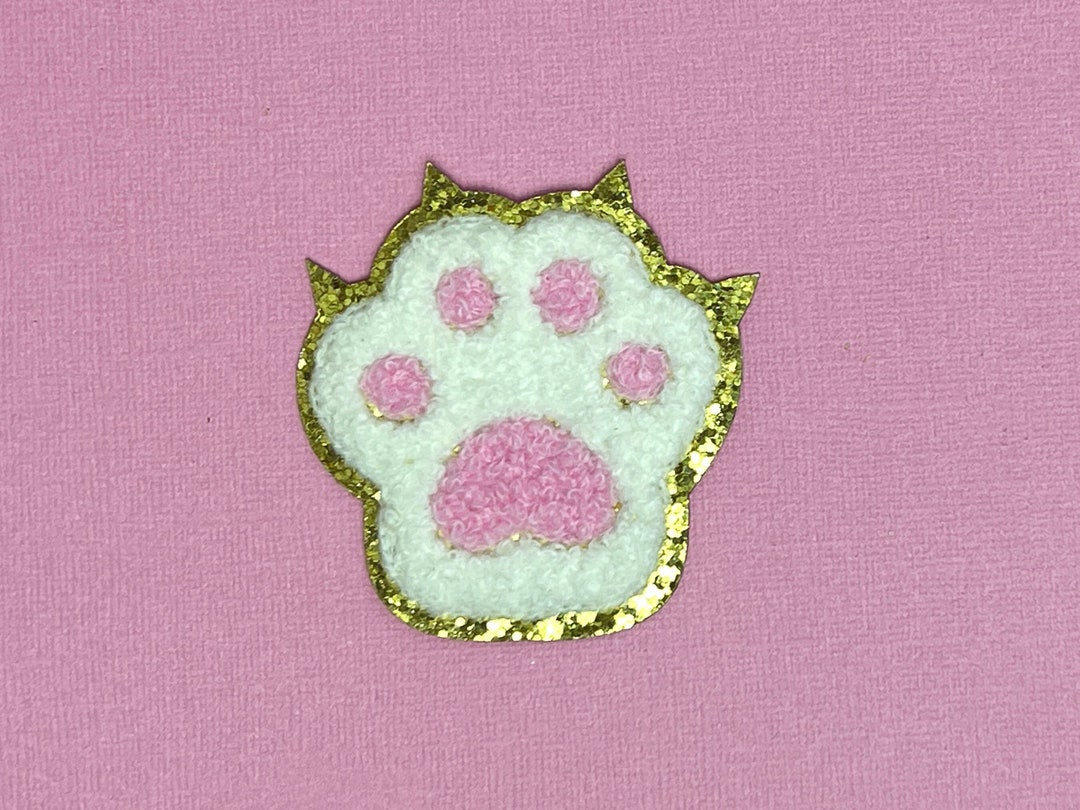Pink & White Pet Paw Chenille Self-adhesive Iron-on Patch, Animal Paw ...