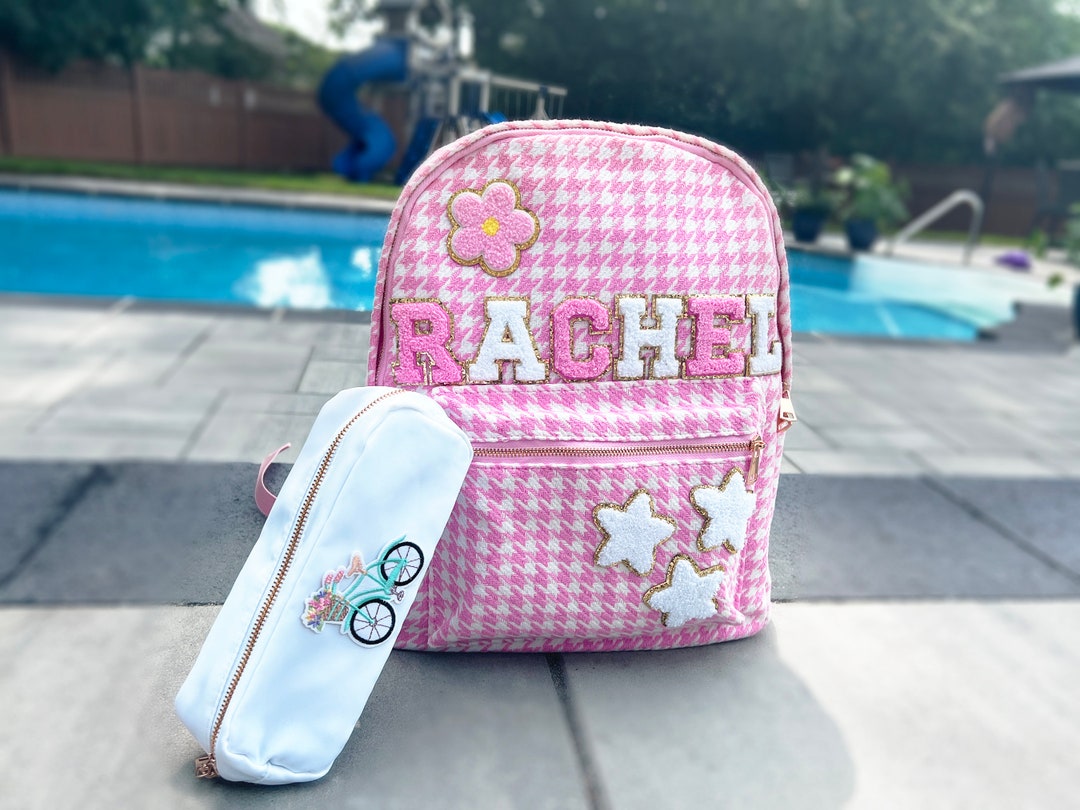 Personalized Girls Backpack Set: Pink Houndstooth Backpack With Pencil ...