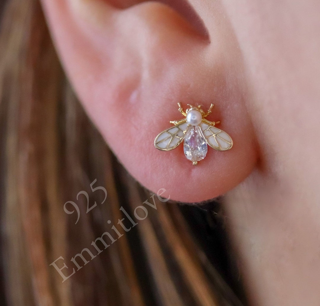 Pearl and Enamel Firefly Studs Sterling Silver Gold CZ - Etsy