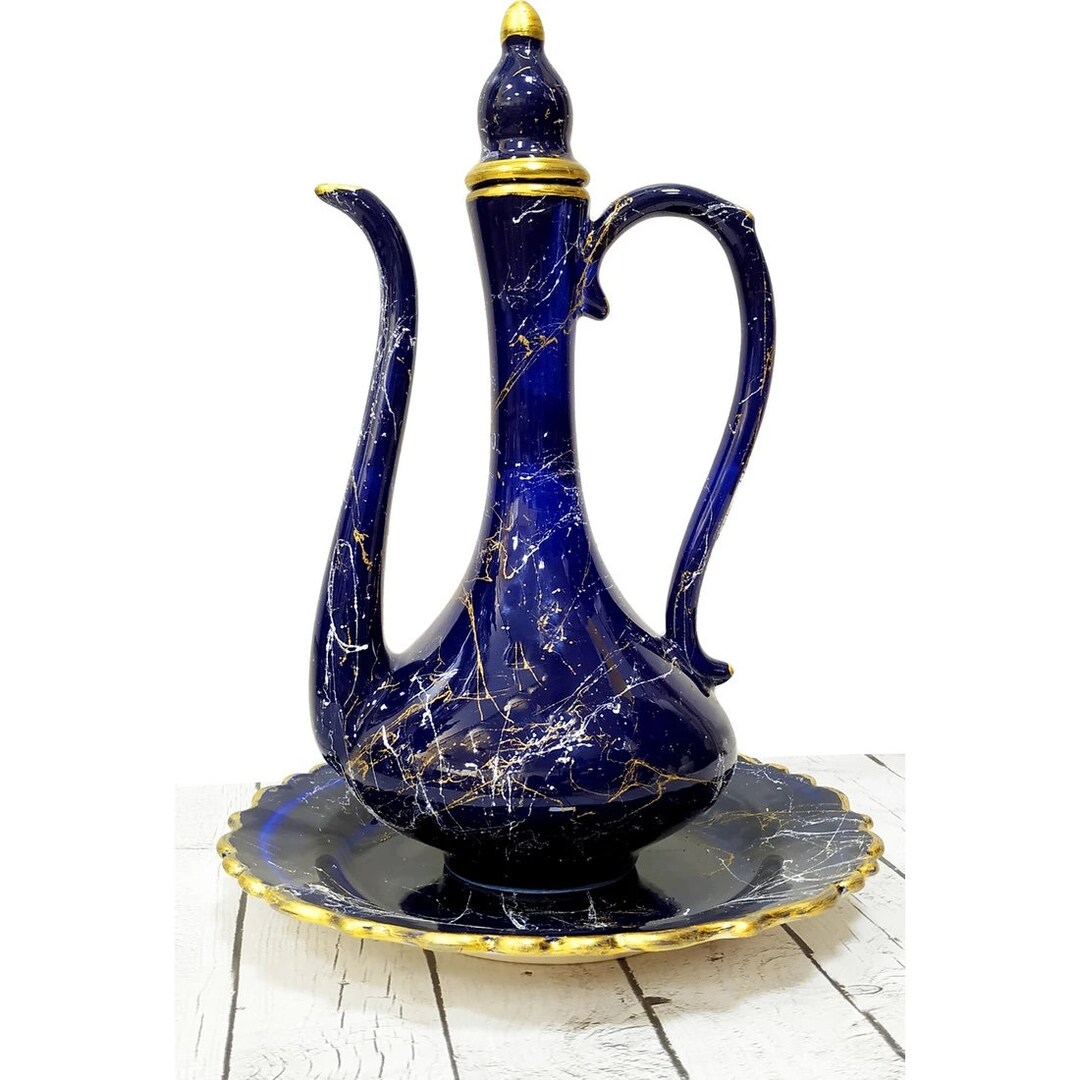 Hand Made Art Large Decoration Jug With Its Plate, Navy Blue-gold ...